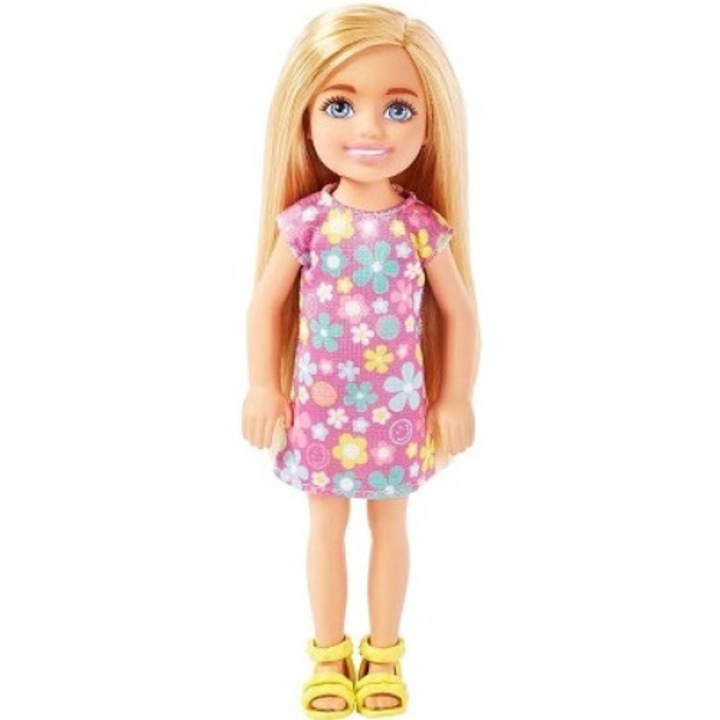Papusa Barbie, Chelsea cu par blond si rochie cu flori, 14 cm - eMAG.ro