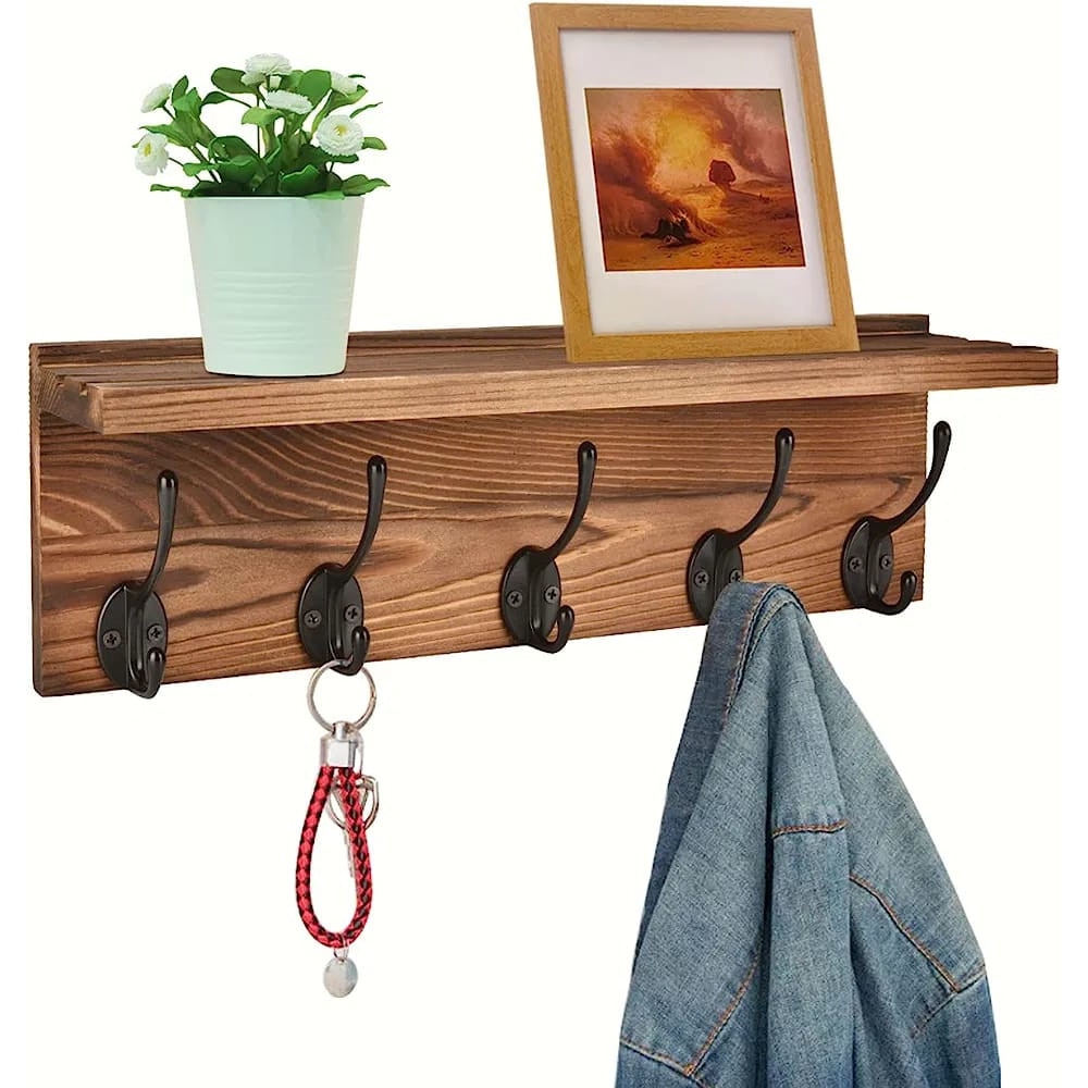 Cuier din lemn masiv cu 5 agatatori, Koln, 65 x 20 x 13.5 cm, nuc - eMAG.ro