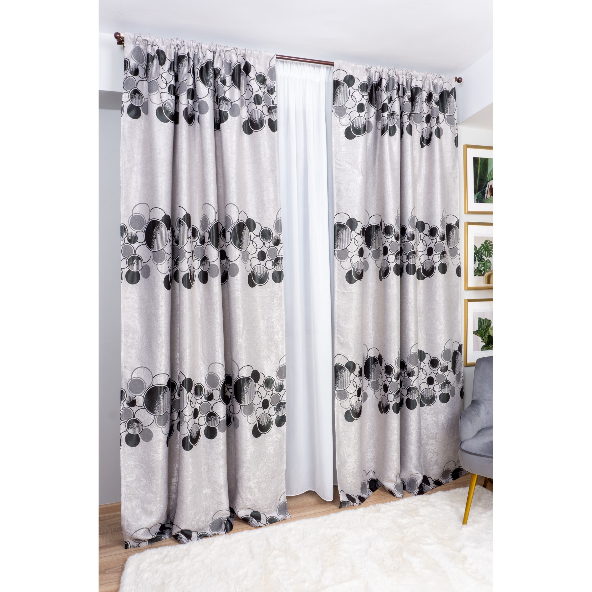 Set 2 Draperii Blackout Harnicuta Gri Flori cu Cercuri 2x200x250cm cu ...