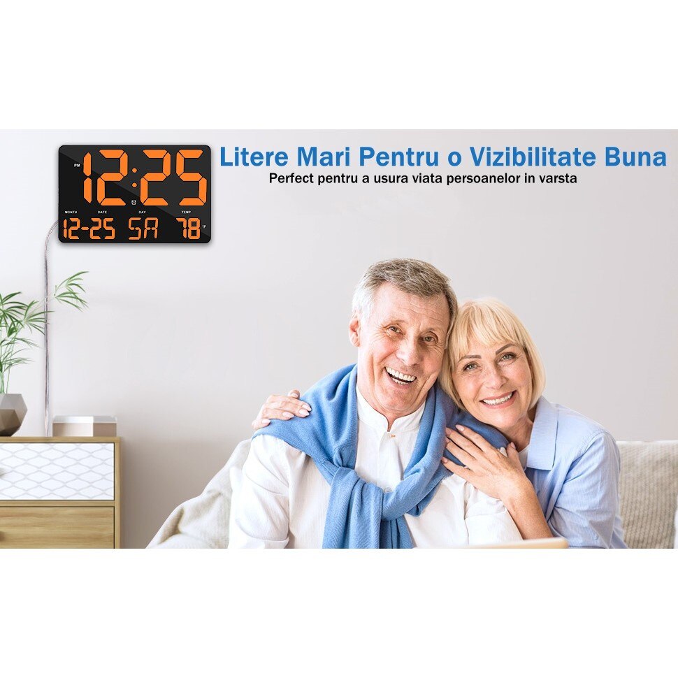 Ceas Digital de Masa si de Perete cu Lumina Led Portocaliu, Calendar, Temperatura, Alarma ...