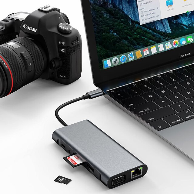 Adaptor HUB 11 in 1 cu Mufa USB-C, 3 x USB 3.0,1 USB Type-C, 1 SD/TF ...