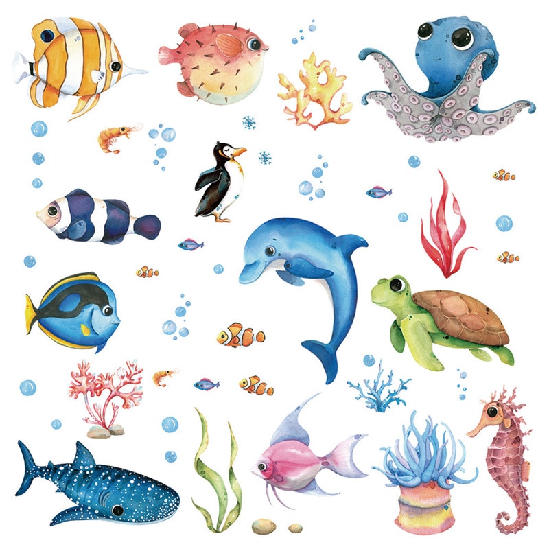 Декоративни стикери за стена, CeruleTree, Морски животни, Многоцветни ...