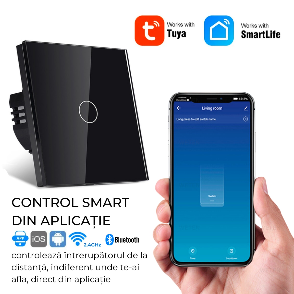 Intrerupator smart cu touch, Wi-Fi, Bluetooth, Control vocal, Smart ...