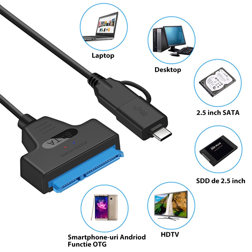 Cablu adaptor pentru HDD/SSD, Chucai, USB/USB-C la SATA, LED, Negru ...