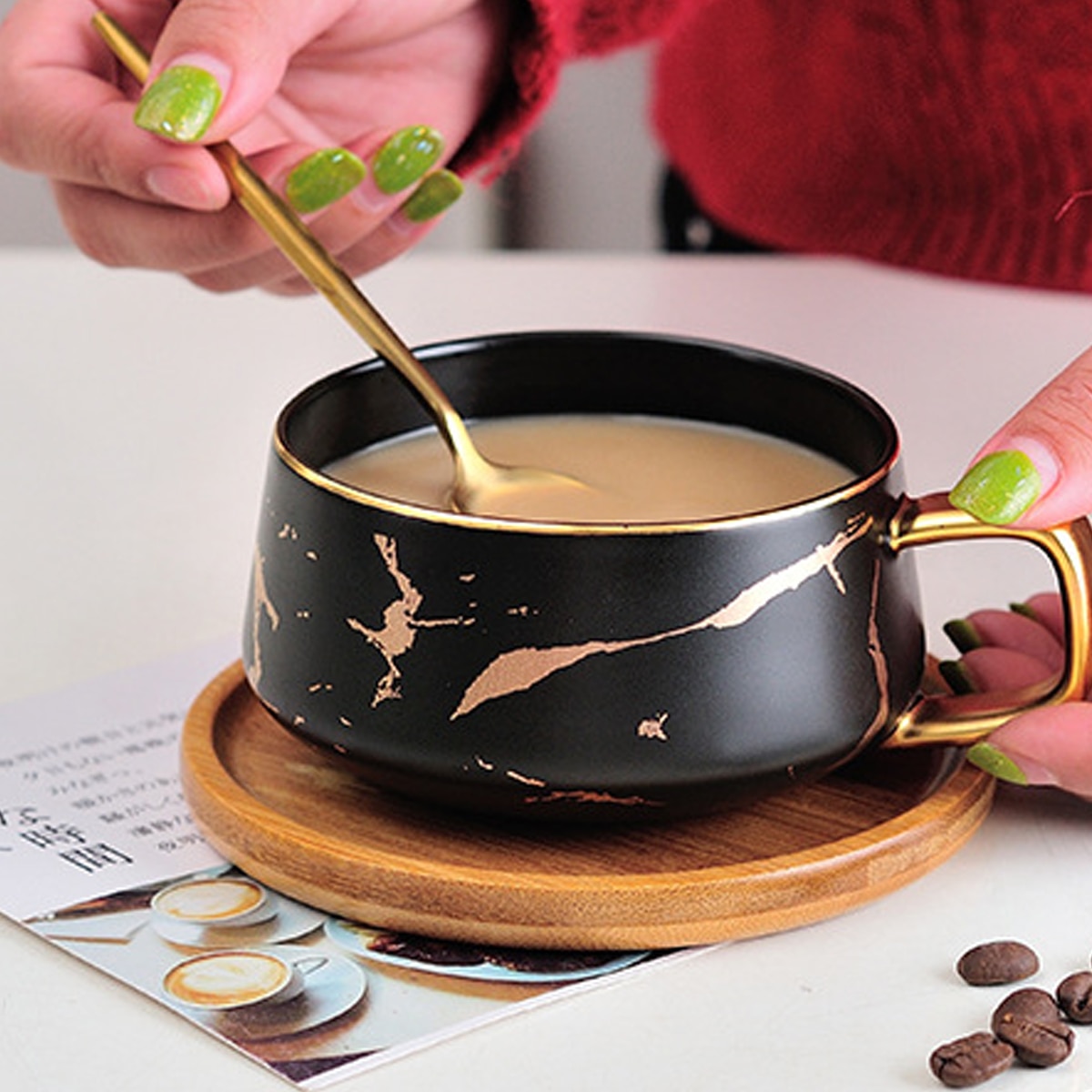 Set Ceasca Espresso, Ceramica, 300ml, Negru/Auriu - eMAG.ro