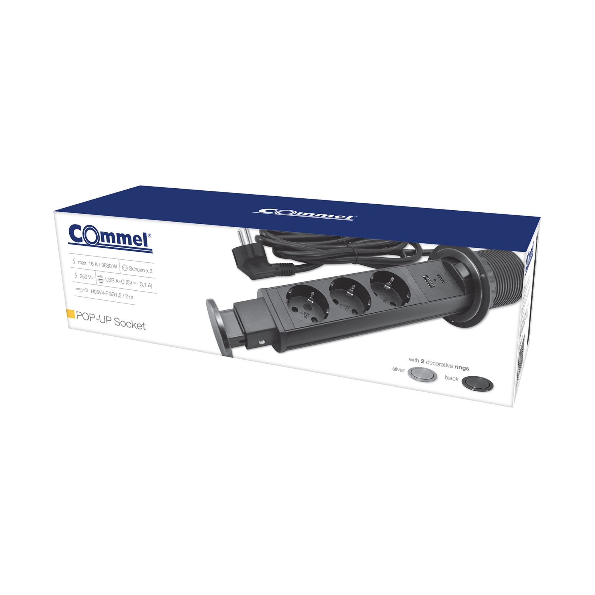 Prelungitor de mobilier pop-up, Commel, Cu 3 x prize, 2 x USB tip A+C ...