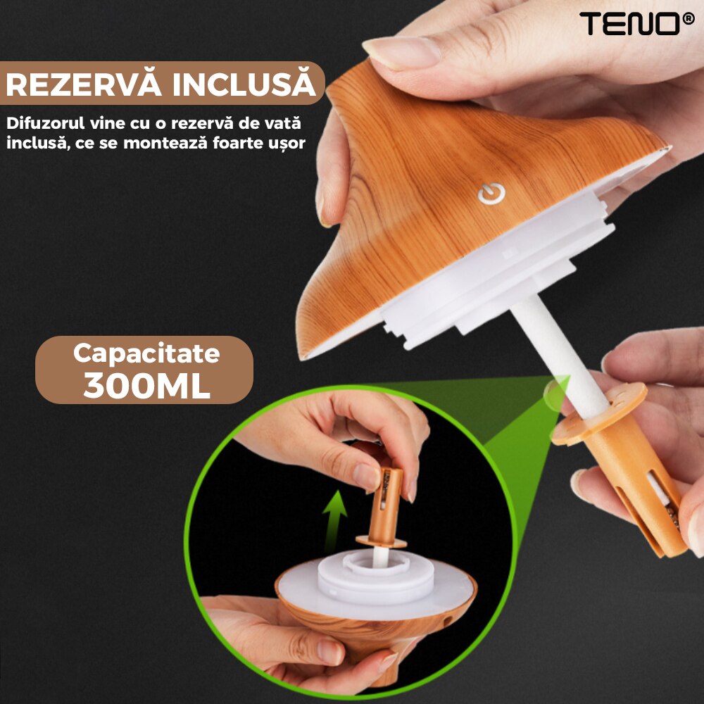 Difuzor Aromaterapie Teno®, 7 culori LED, lumini dinamice, control tactil, capacitate 300ml ...