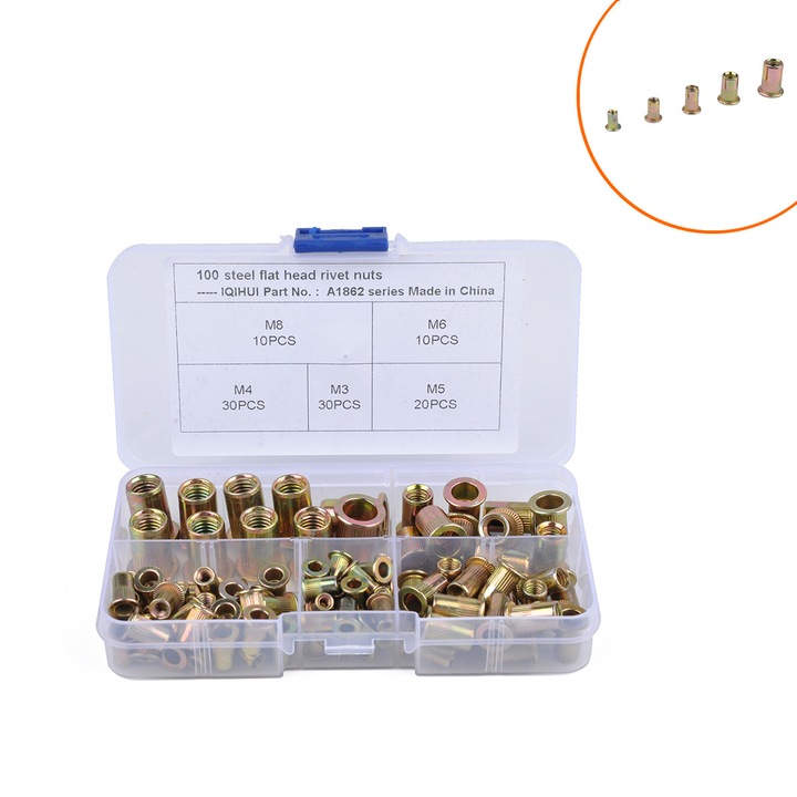 Set nituri filetate cu cap plat din otel carbon, Sunmostar, M3/4/5/6/8 ...