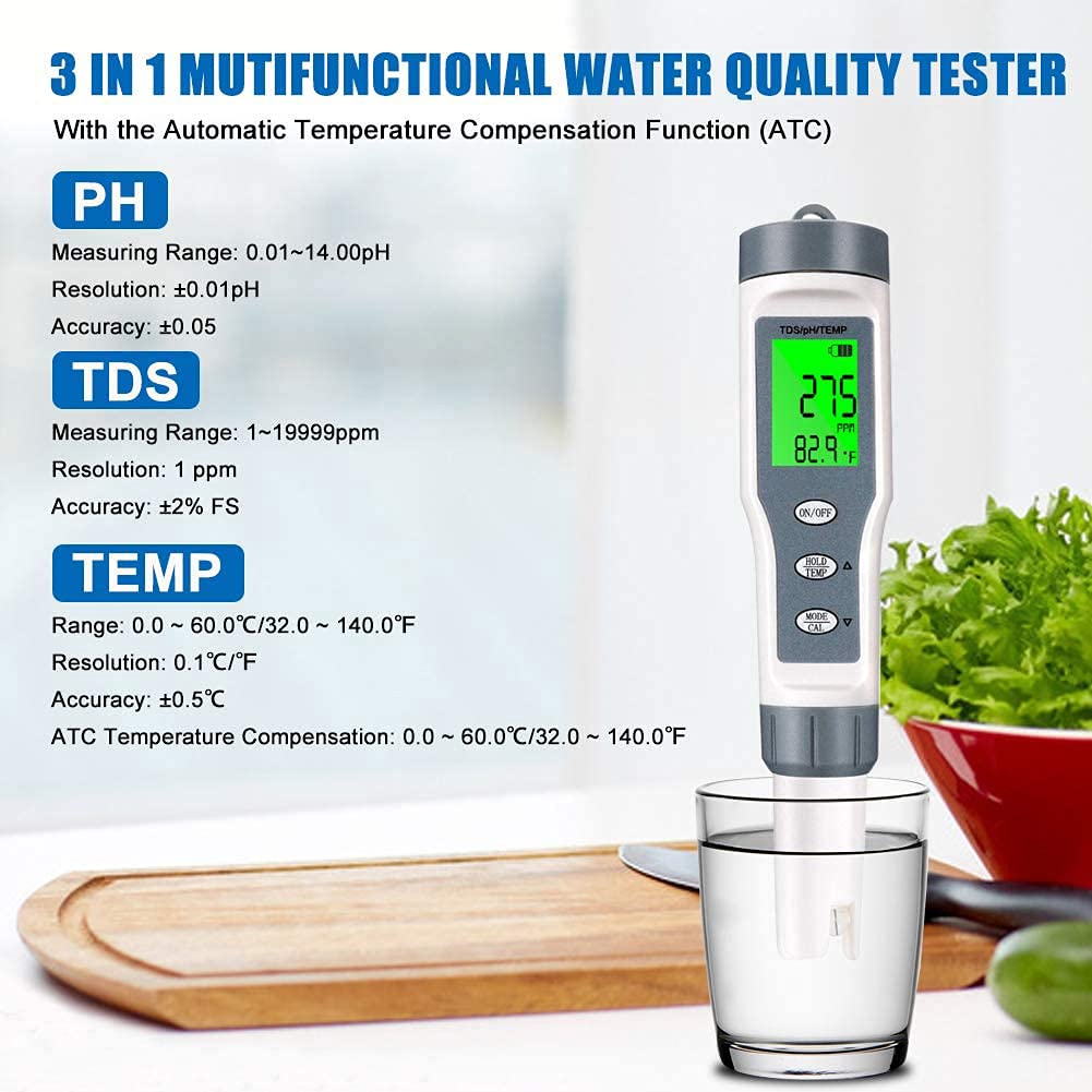 Tester Calitate Apa Jormftte, 3-in-1 pH/TDS/Temp, Ecran LCD, Alb/Gri ...