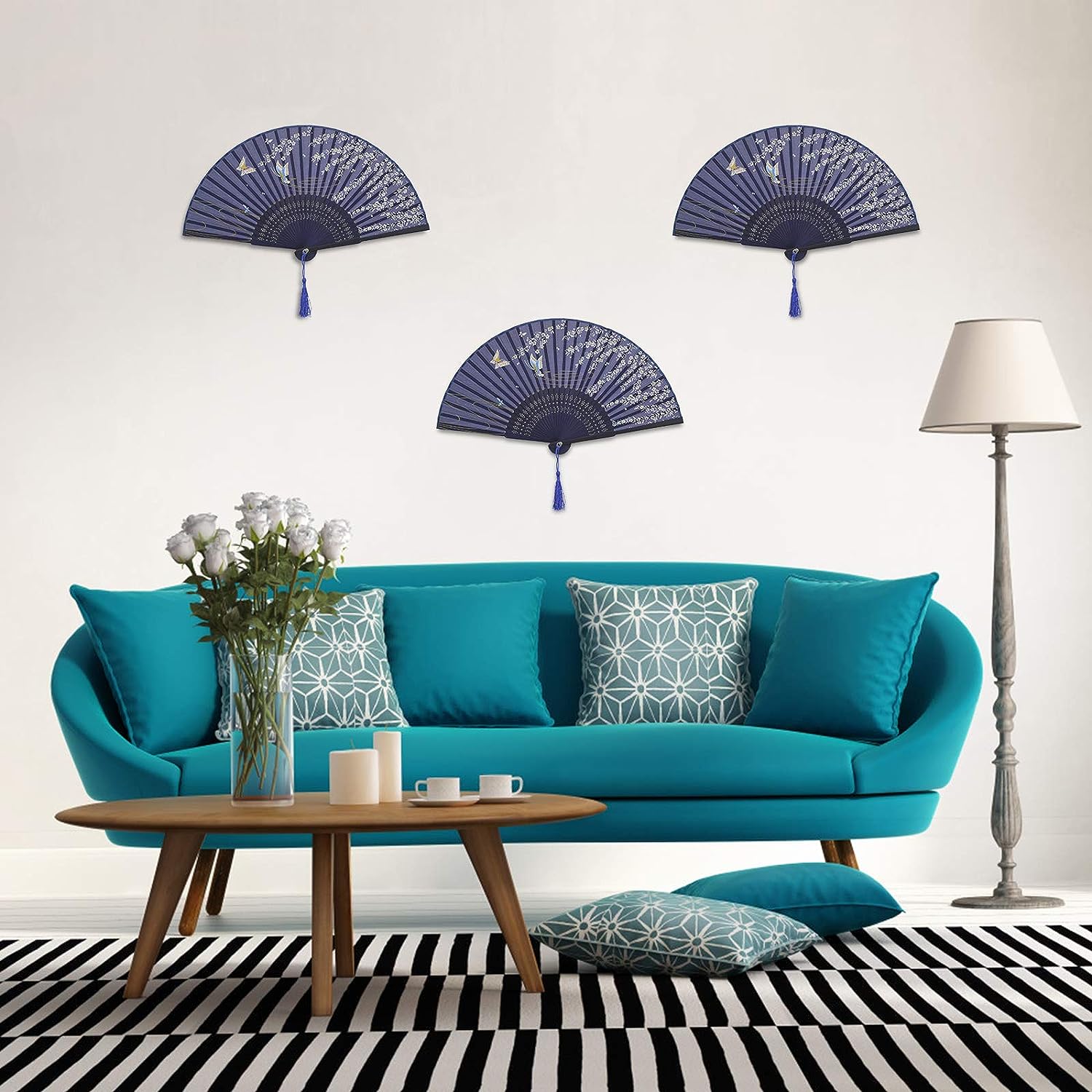 Evantai in stil japonez, Sunmostar, Bambus/Matase, Pliabil, Albastru ...