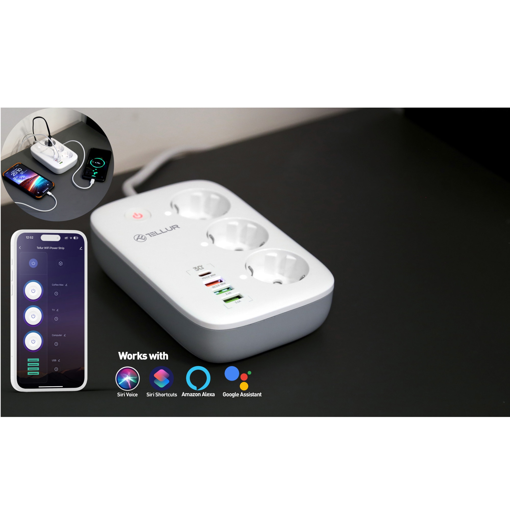 Prelungitor inteligent Tellur Smart TLL331521, Wi-Fi, 3 porturi, PD30W ...