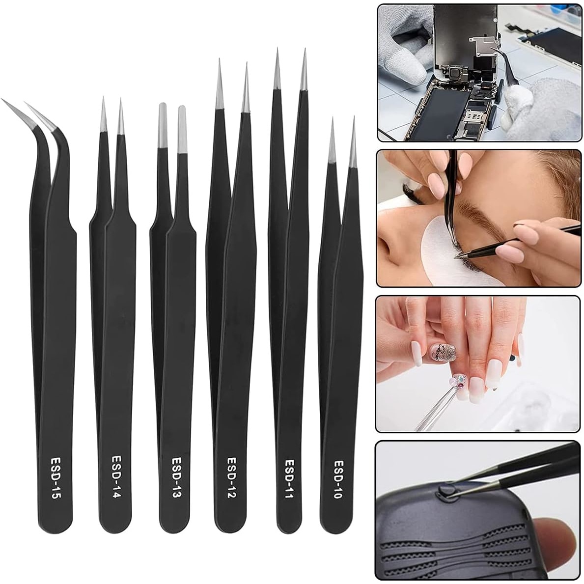 Set 10 pensete de precizie, Sunmostar, Inox, Antistatic, Negru - eMAG.ro