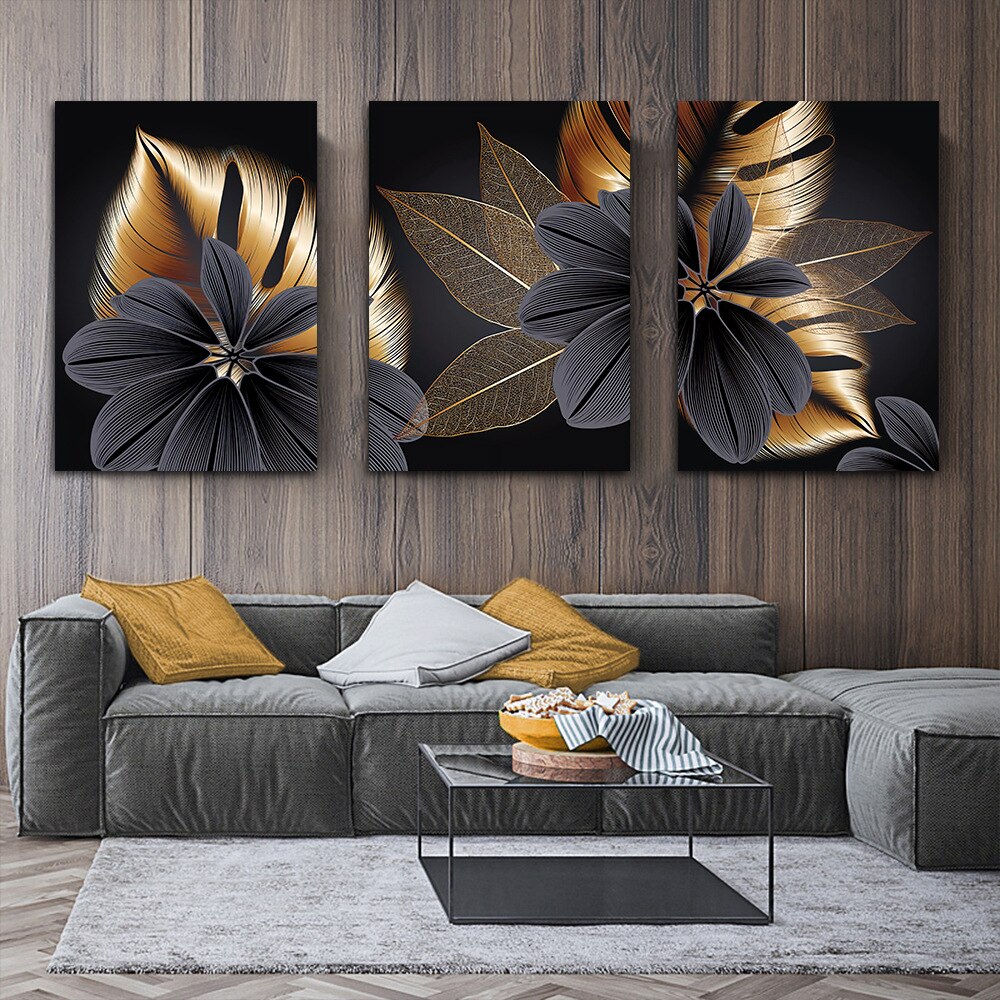 Set 3 tablouri, Sunmostar, Panza, 40 x 60 cm, Negru/Auriu - eMAG.ro