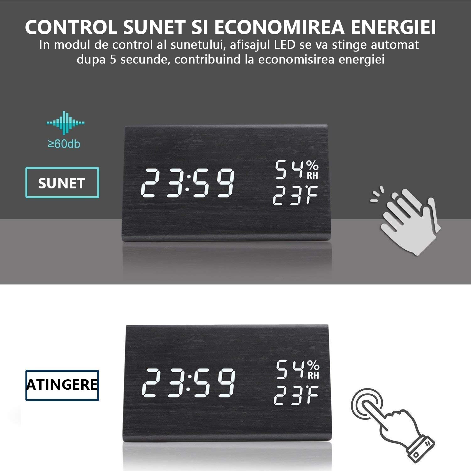 Ceas digital LED, Vaxiuja, Lemn, Luminozitate reglabila, Display ...