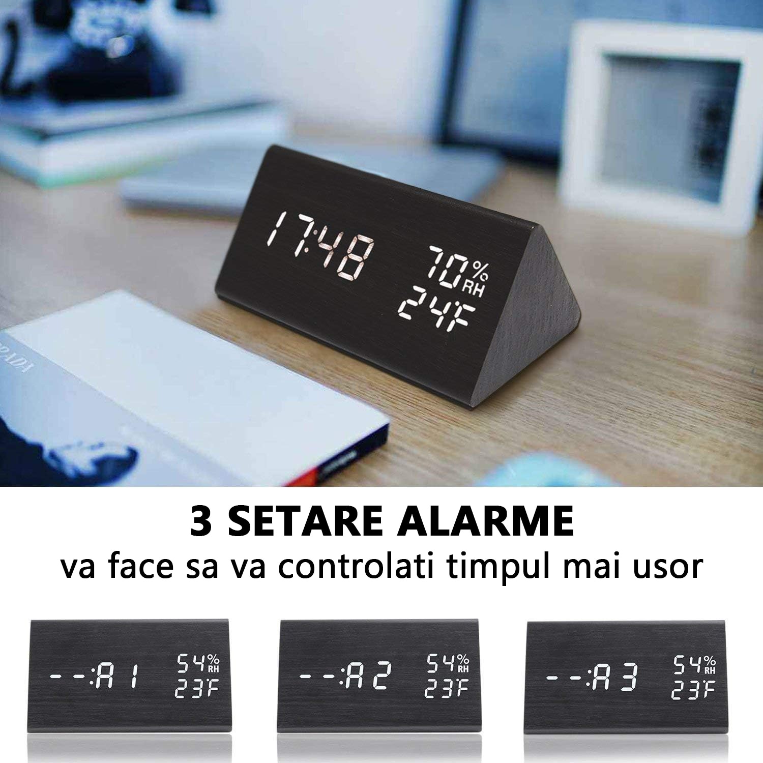 Ceas digital LED, Vaxiuja, Lemn, Luminozitate reglabila, Display ...