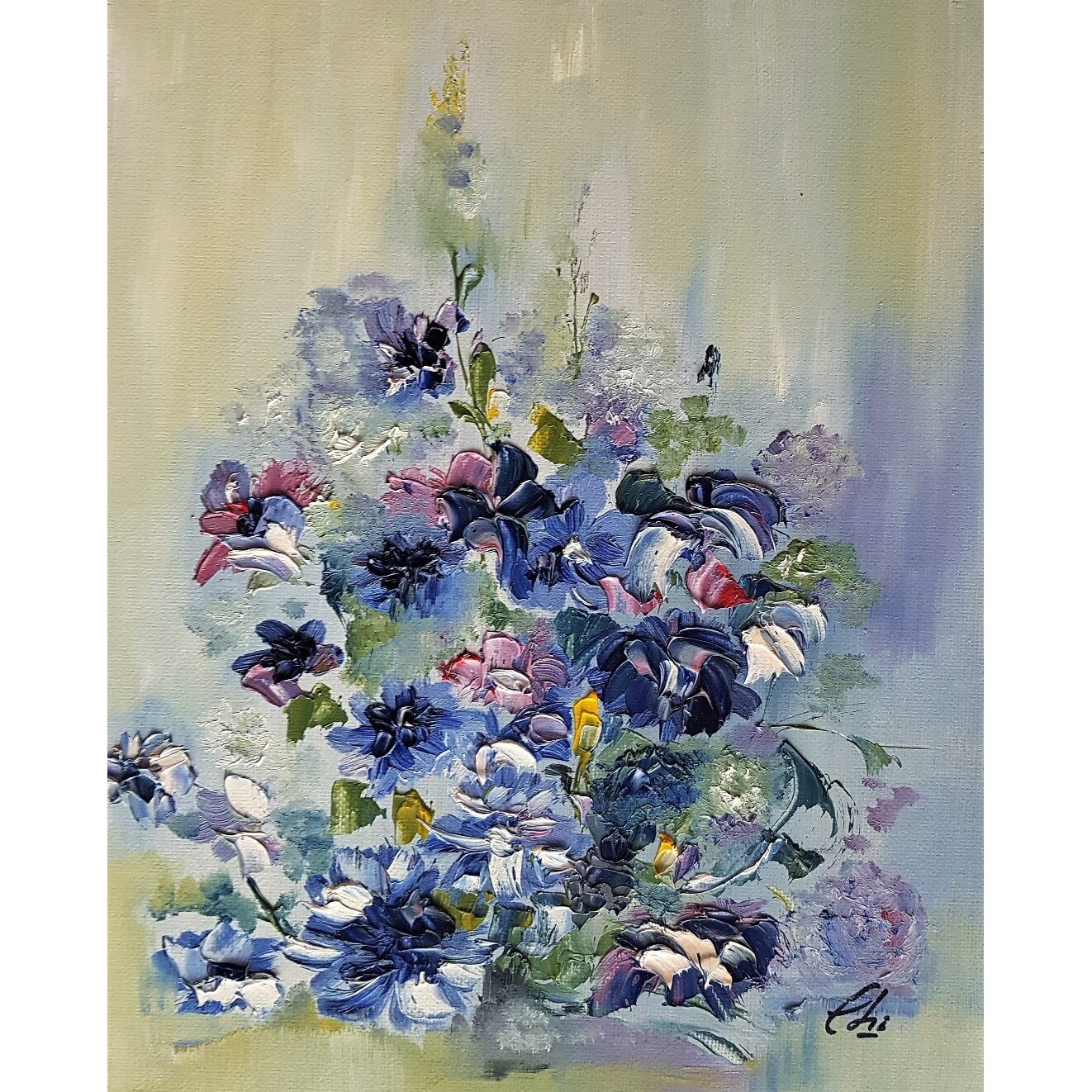 Tablou pictat manual pe panza cartonata, "Aranjament floral albastru ...