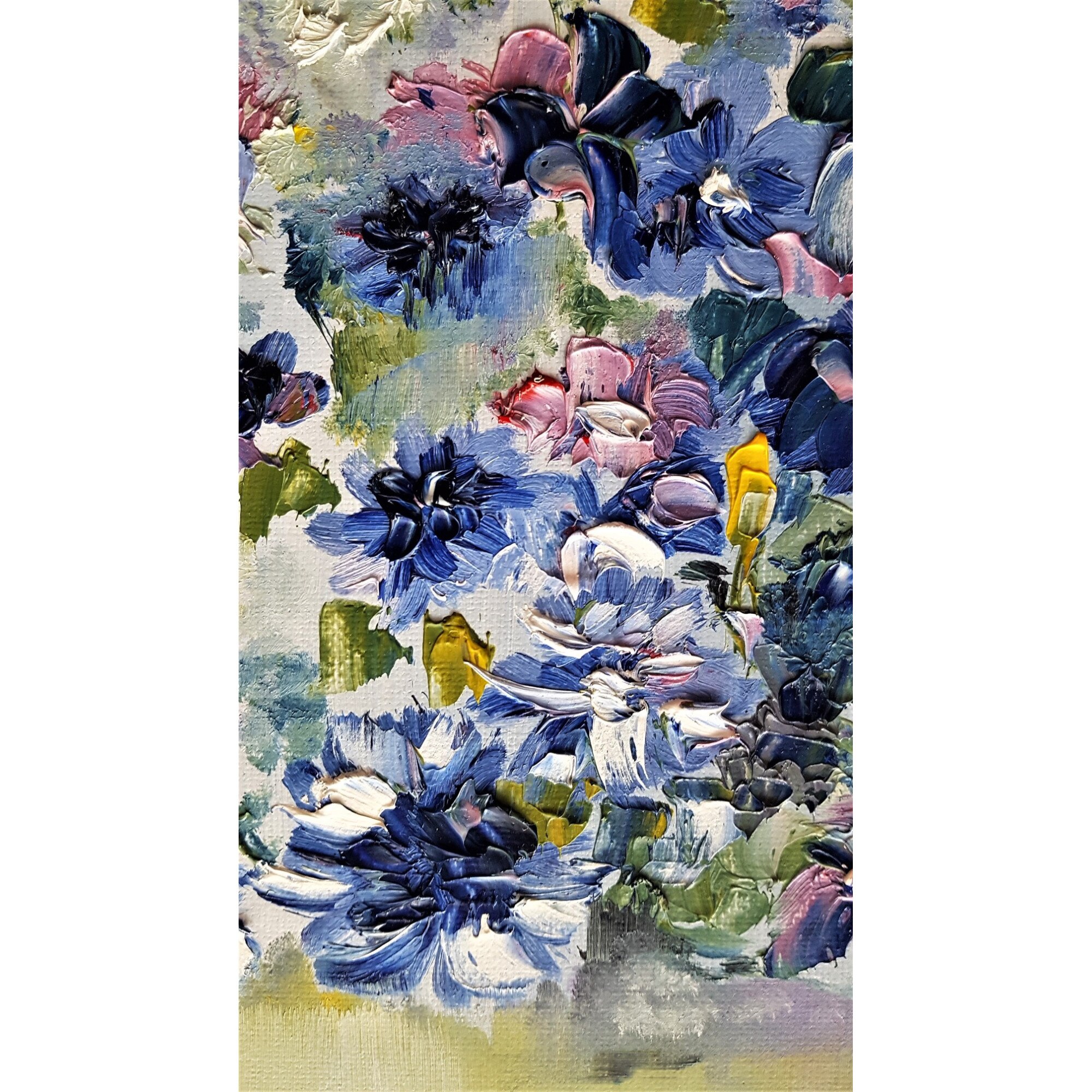 Tablou pictat manual pe panza cartonata, "Aranjament floral albastru ...