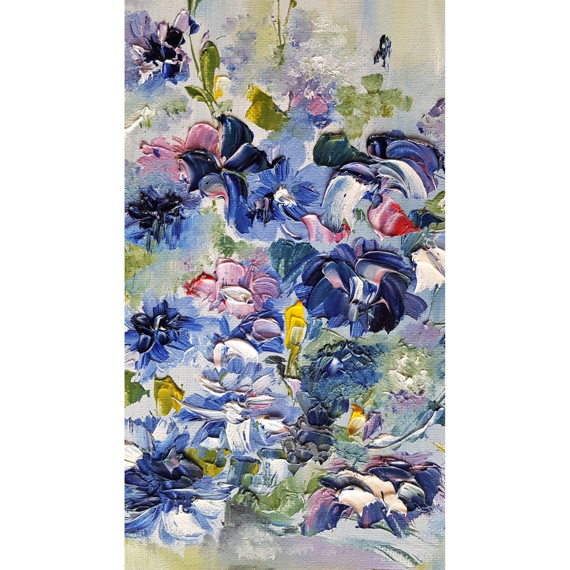 Tablou pictat manual pe panza cartonata, "Aranjament floral albastru ...