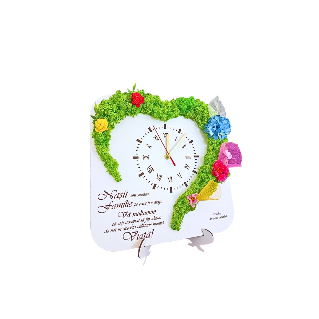Ceas Inima cu licheni stabilizati si flori decorative, Verde ...