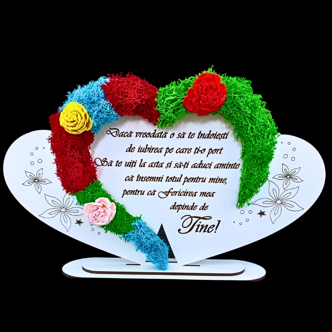 Tablou cu licheni stabilizati naturali, inima personalizata cu mesaj ...