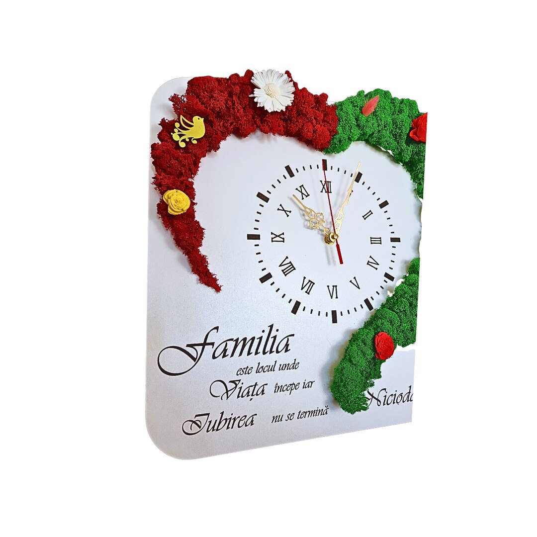 Ceas cu licheni stabilizati naturali, inima personalizata cu mesaj ...