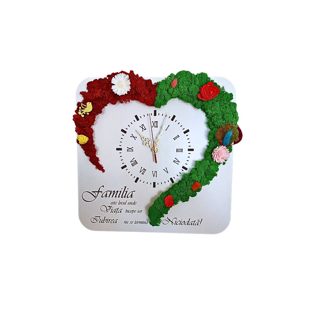 Ceas cu licheni stabilizati naturali, inima personalizata cu mesaj ...