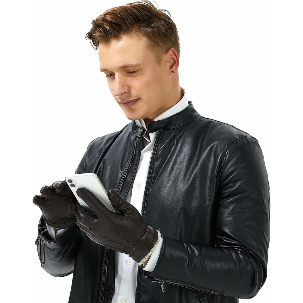 Manusi pentru barbati din piele naturala de oaie, cu manseta, casmir ...