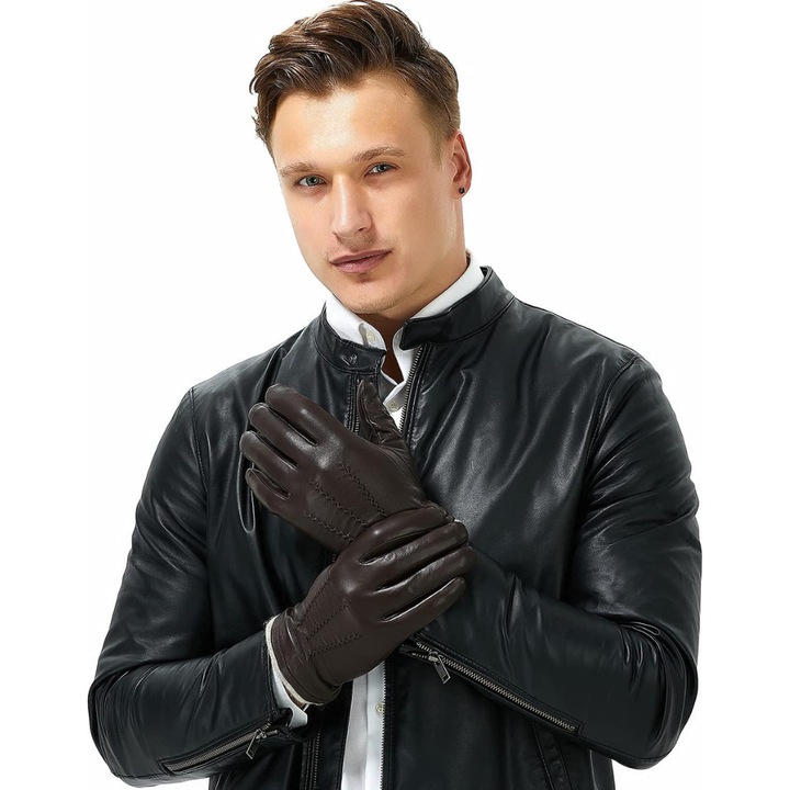 Manusi pentru barbati din piele naturala de oaie, cu manseta, casmir ...