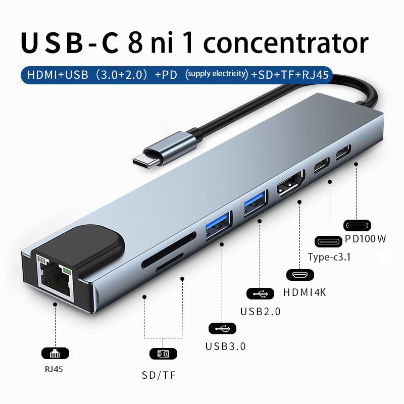 Hub Adaptor Multiport 8 in 1 USB-C 3.1, HDMI 4K / LAN RJ45 Ethernet ...