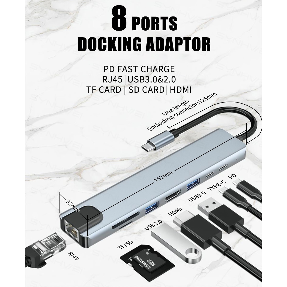 Hub Adaptor Multiport 8 in 1 USB-C 3.1, HDMI 4K / LAN RJ45 Ethernet ...