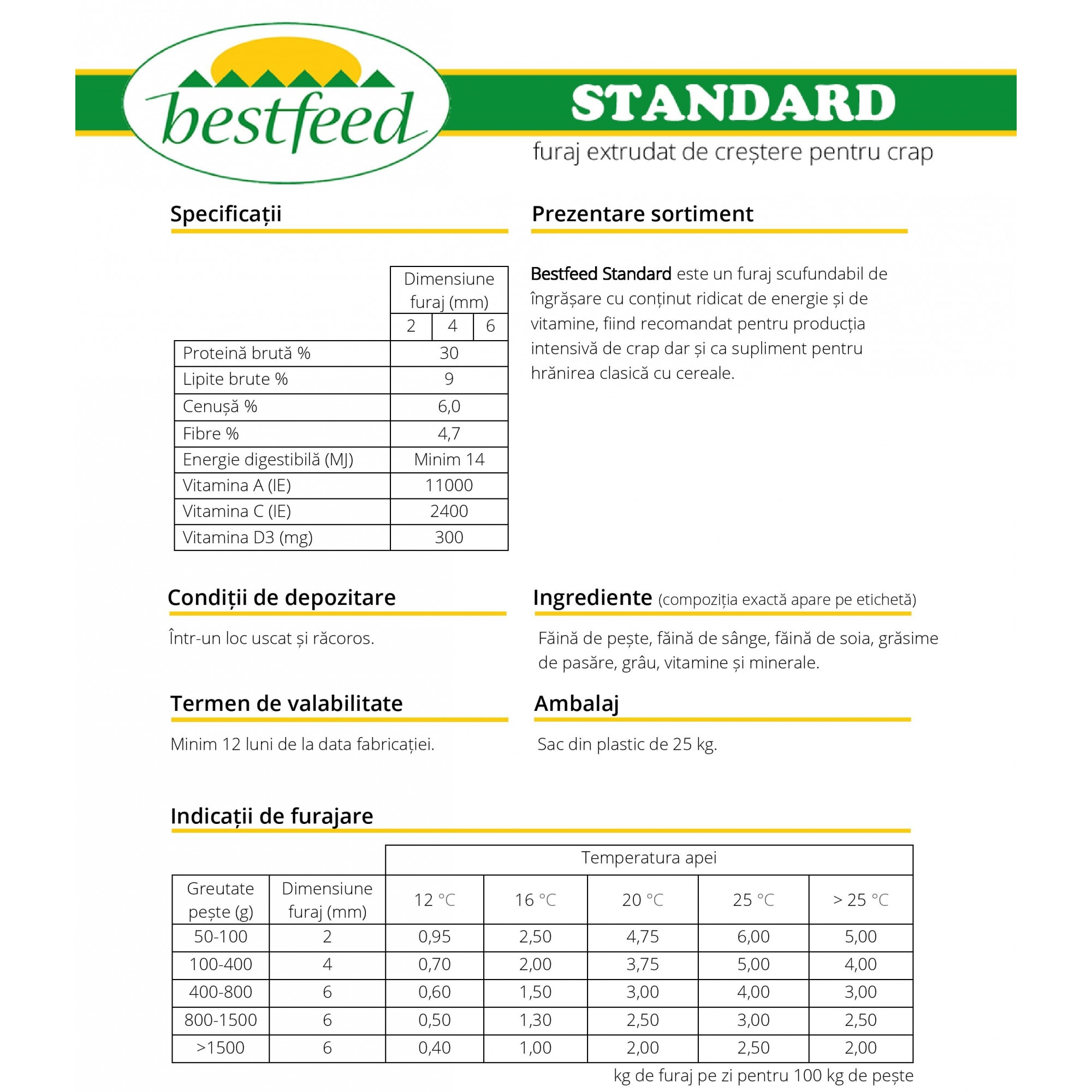 Furaj extrudat de crestere Crap, Bestfeed Standard, 25kg, 3mm - eMAG.ro