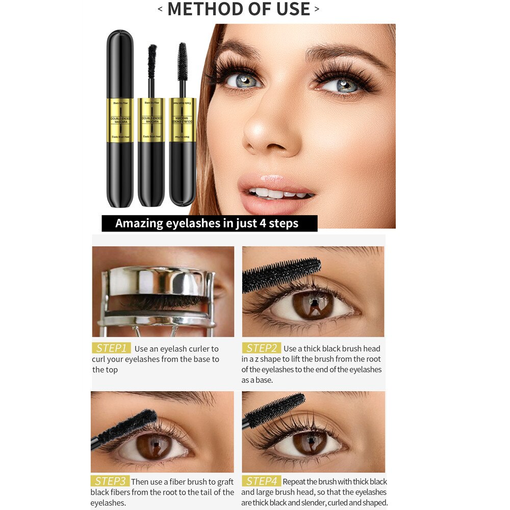 Mascara 4D 2in1 cu periuta dubla cu cap dublu, fibre grefate, alungire ...