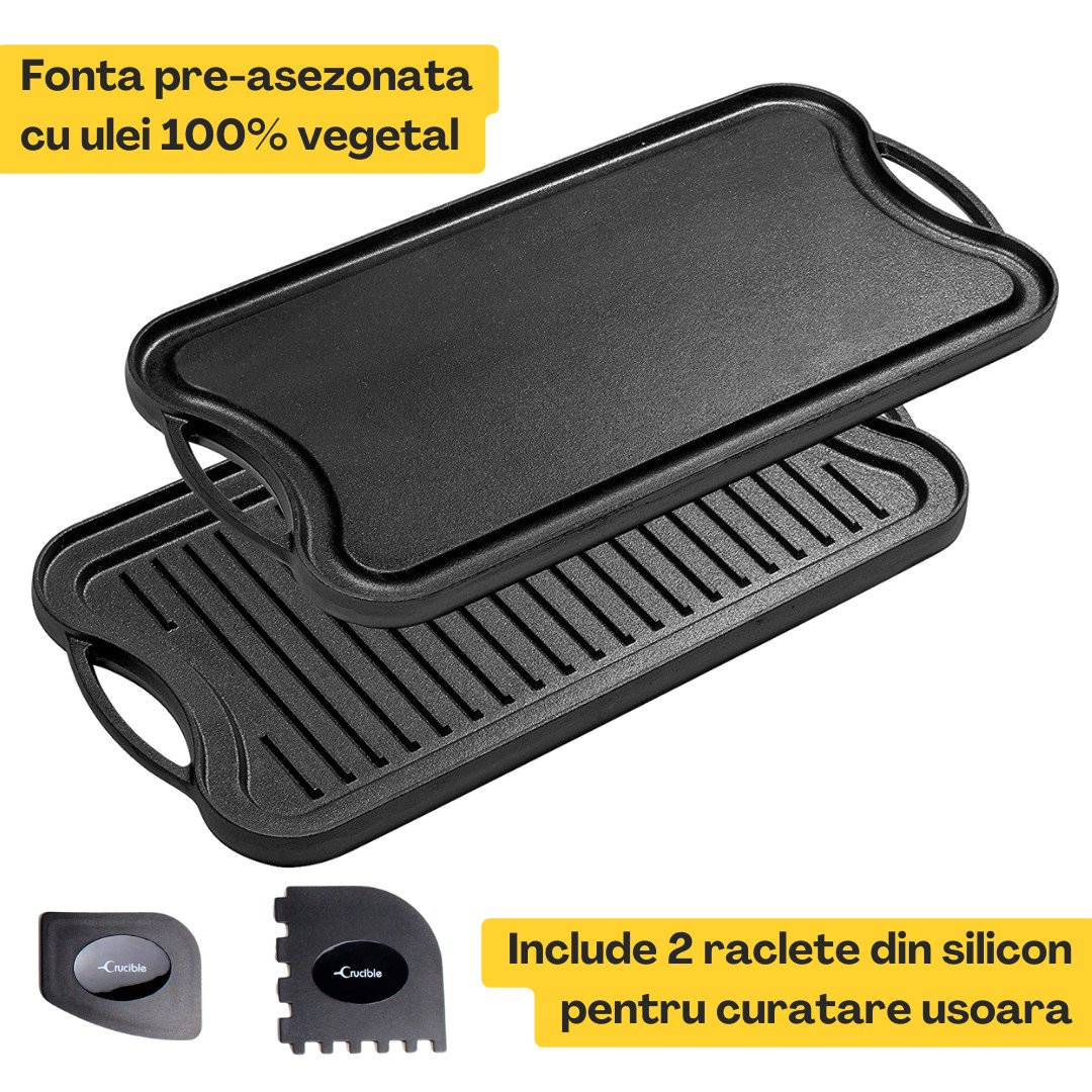 Tigaie Grill din fonta pre-asezonata, Crucible Cookware, cu 2 fete ...