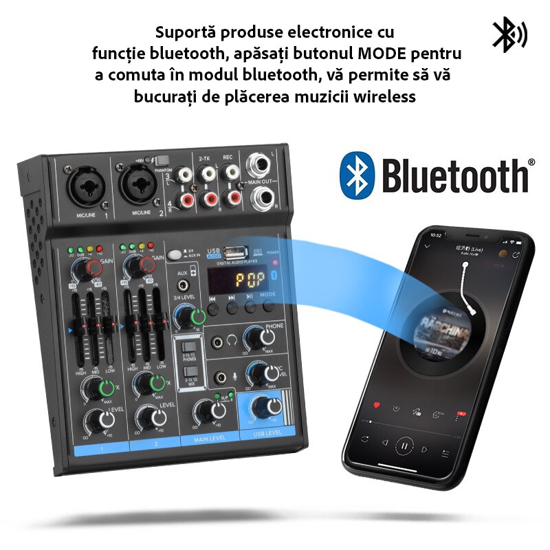 Mixer audio profesional VENTART, Multifunctional, cu 2 canale, Portabil ...