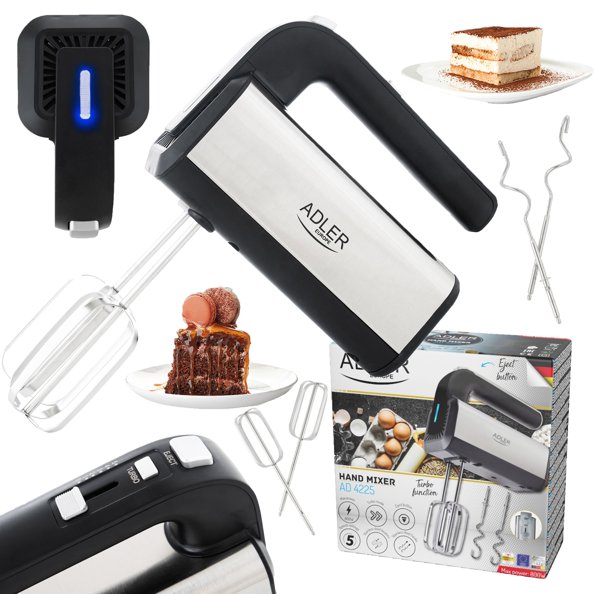 Турбо ръчен миксер, Adler, 5 скорости, 800 W, сребрист/черен - eMAG.bg