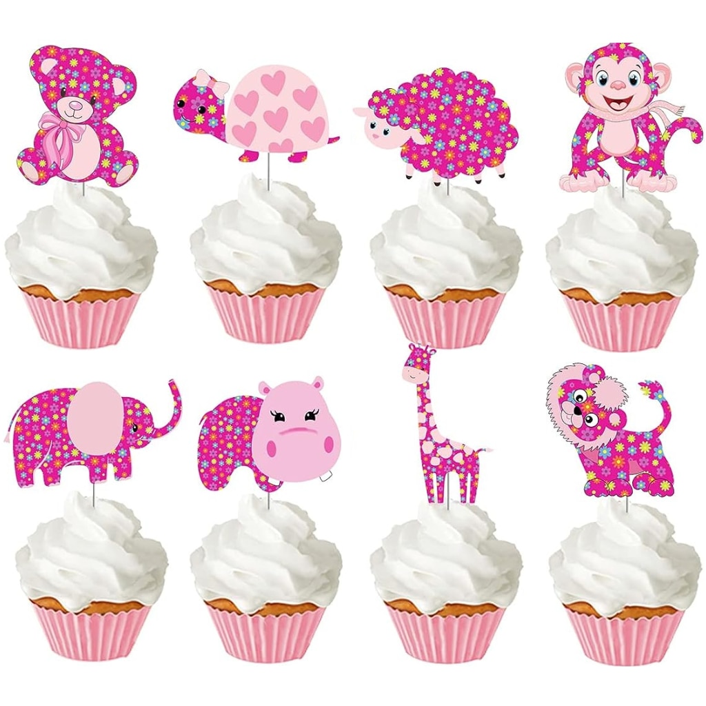 Set de 24 de toppere pentru tort, briose, prajituri, safari roz cu ...