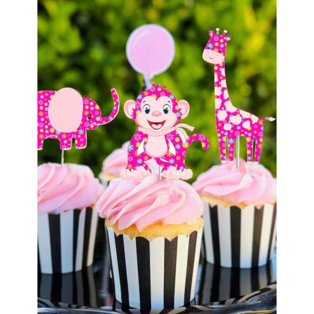 Set de 24 de toppere pentru tort, briose, prajituri, safari roz cu animale, perfect pentru ...