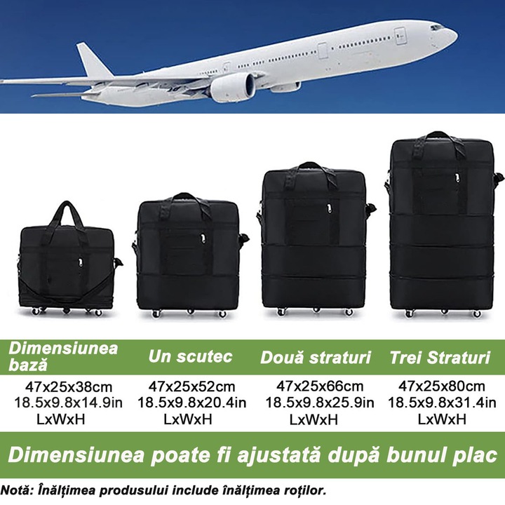 Geanta de voiaj cu role, BYONDSELF®, 45L-95L, trei etaje pliabila ...