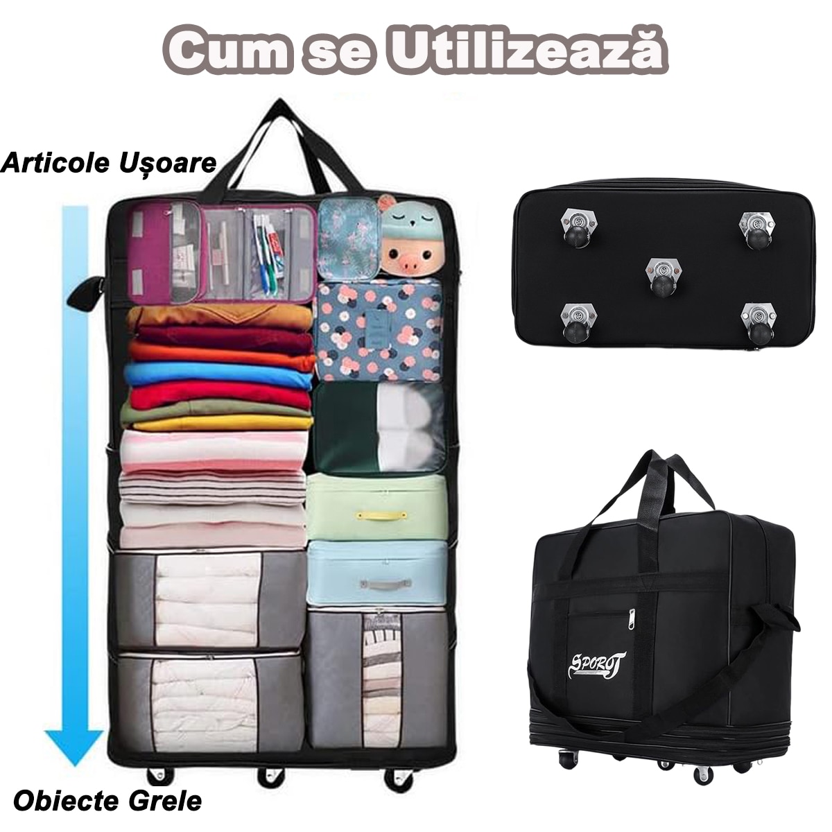 Geanta de voiaj cu role, BYONDSELF®, 45L-95L, trei etaje pliabila ...