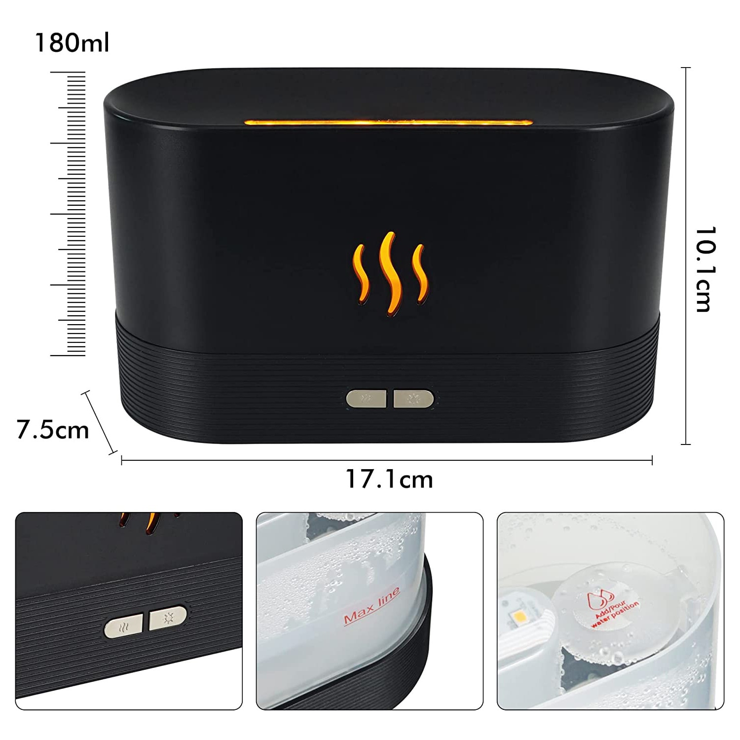 Aparat aromaterapie cu efect de flacara, JeiibrZui, 180 ml, USB, Negru ...