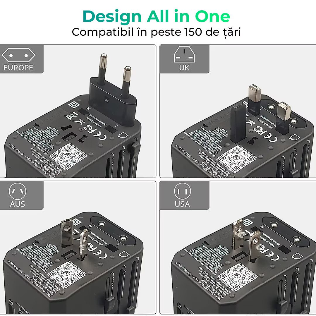 Adaptor-incarcator universal compatibil cu orice priza, 4 x USB, 1 x ...