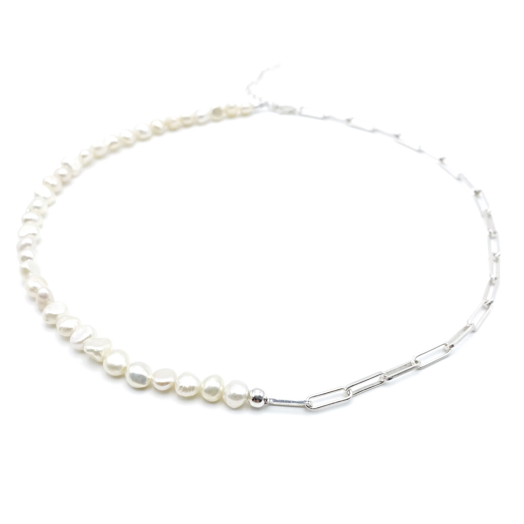 Colier cu Perle Naturale si Lant din Argint 925, reglabil 39-43 cm ...