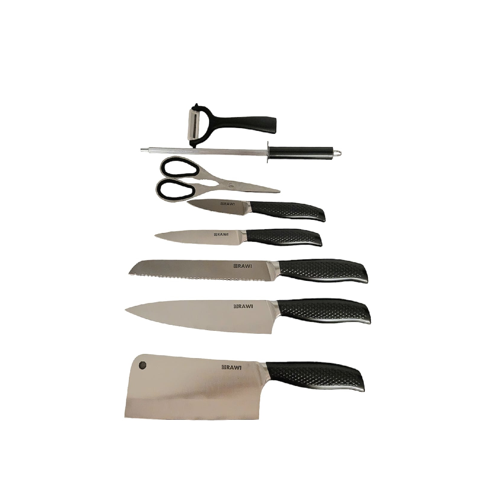 Set cutite cu masat foarfeca si decojitor legume fructe Rawi 9 piese ...