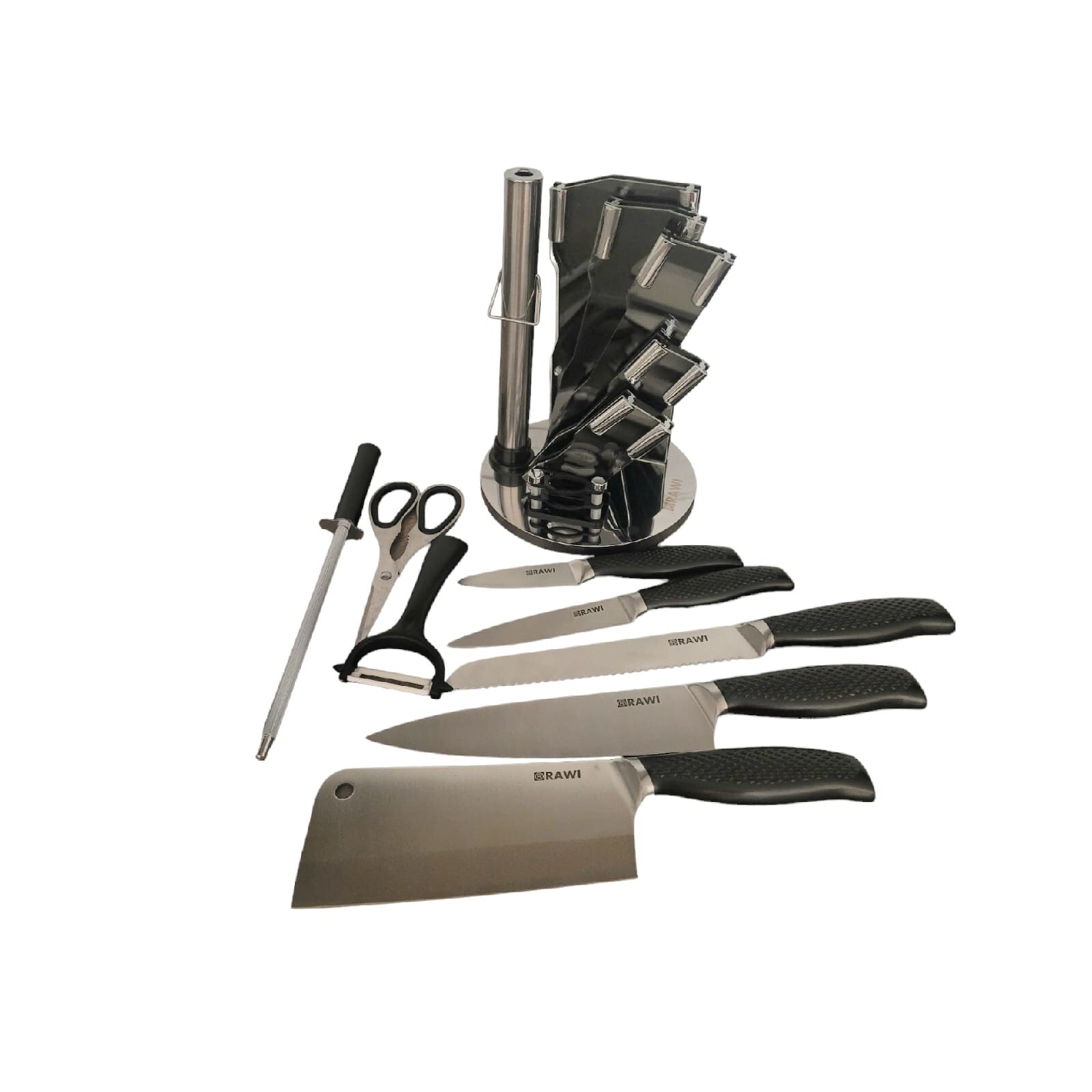 Set cutite cu masat foarfeca si decojitor legume fructe Rawi 9 piese ...