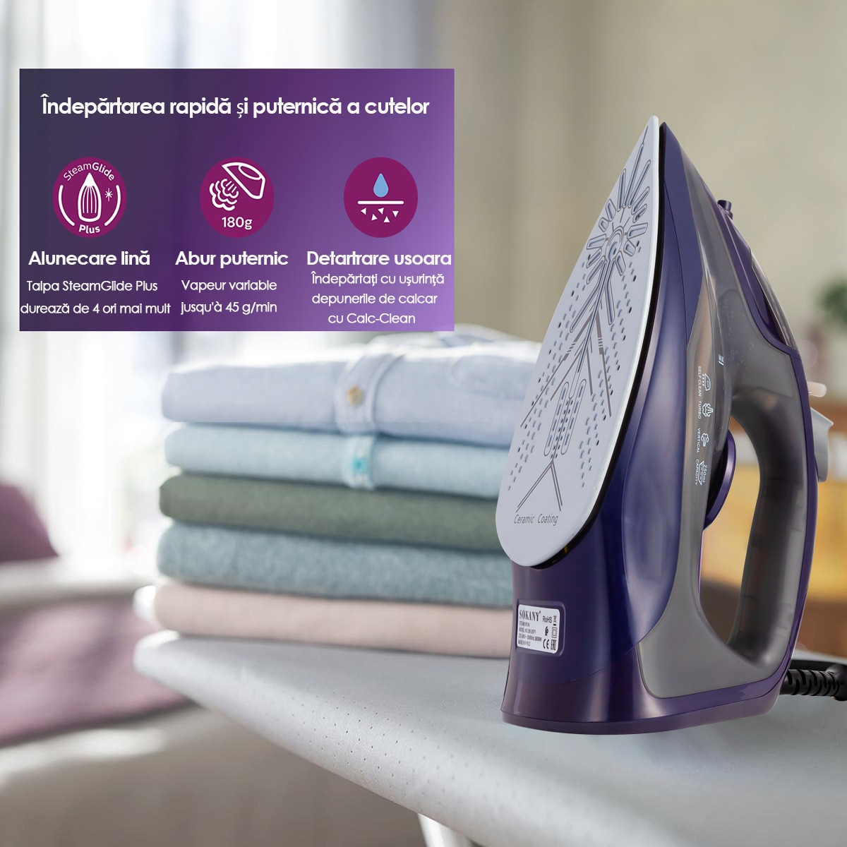 Fier de calcat cu abur 2600W, BYONDSELF® Talpa din ceramica, Rezervor ...
