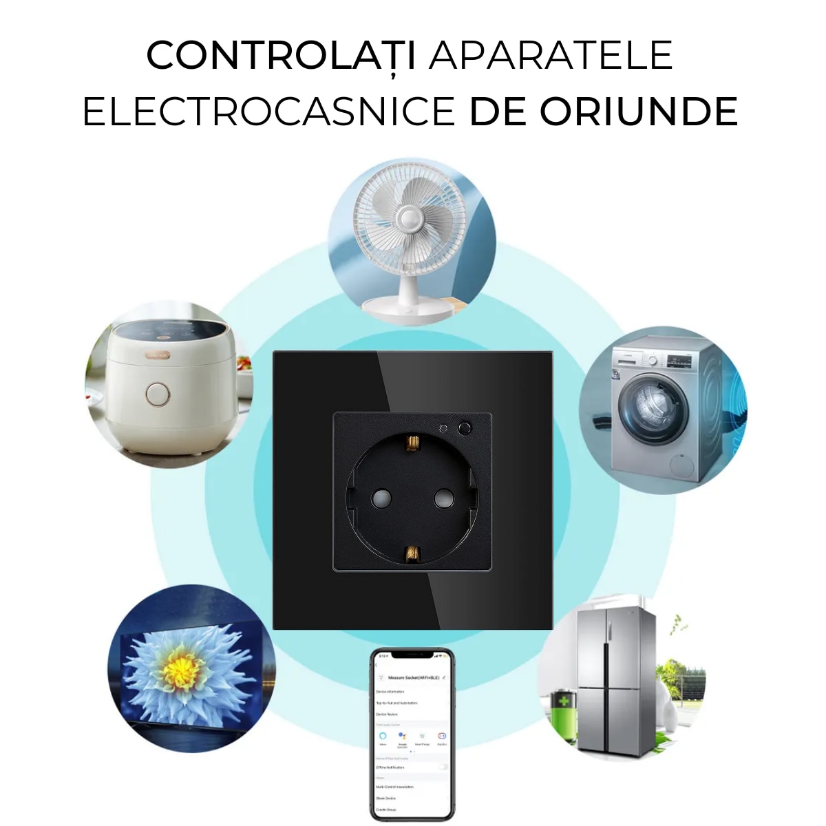 Priza inteligenta de perete, Wi-Fi, Rama din sticla, Monitorizare ...