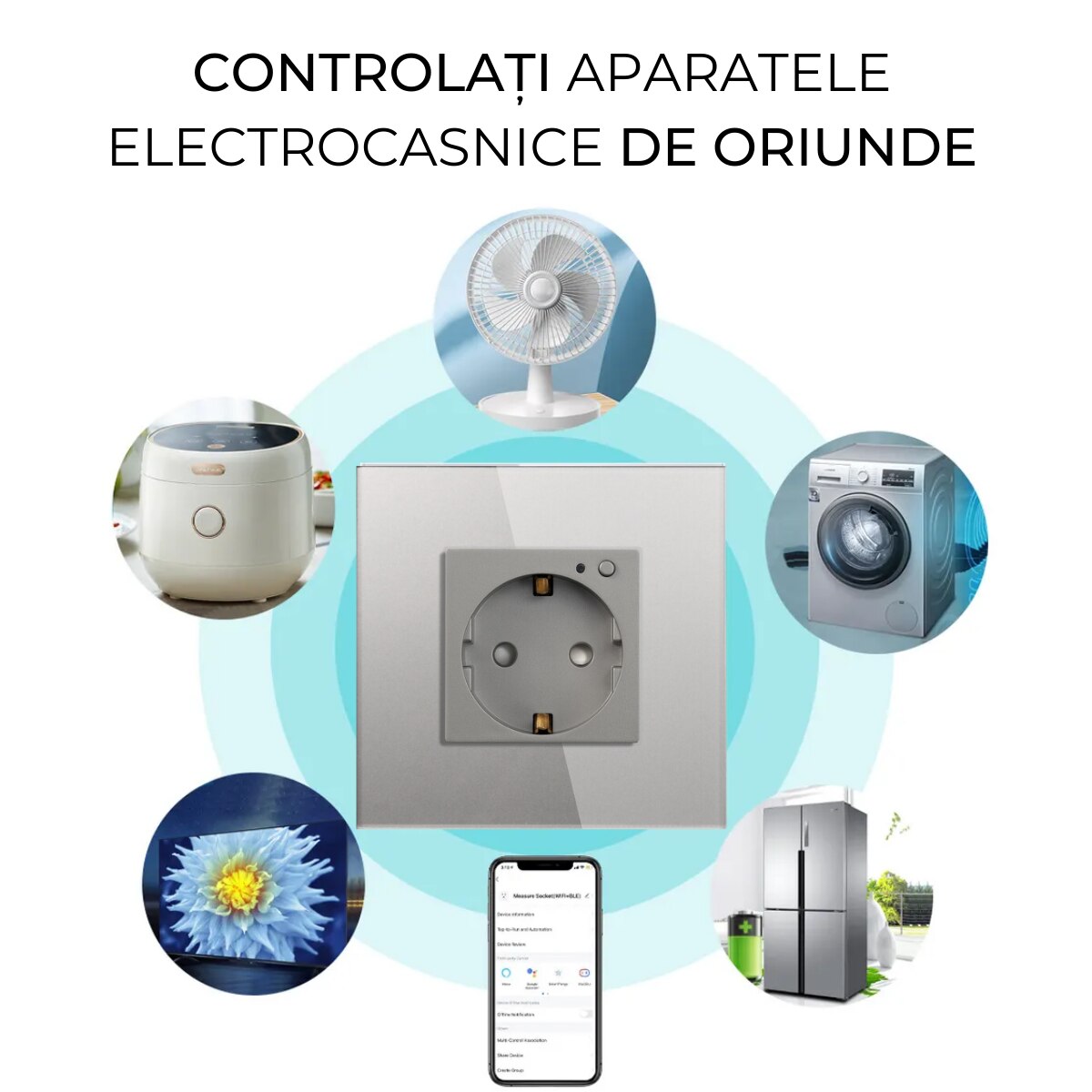 Priza inteligenta de perete, Wi-Fi, Rama din sticla, Monitorizare ...