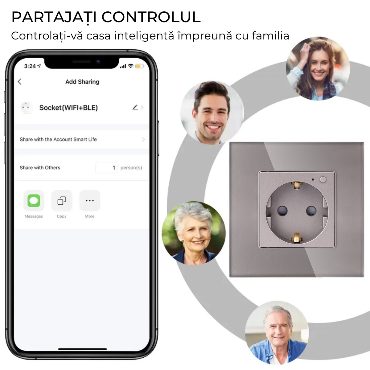 Priza inteligenta de perete, Wi-Fi, Rama din sticla, Monitorizare ...