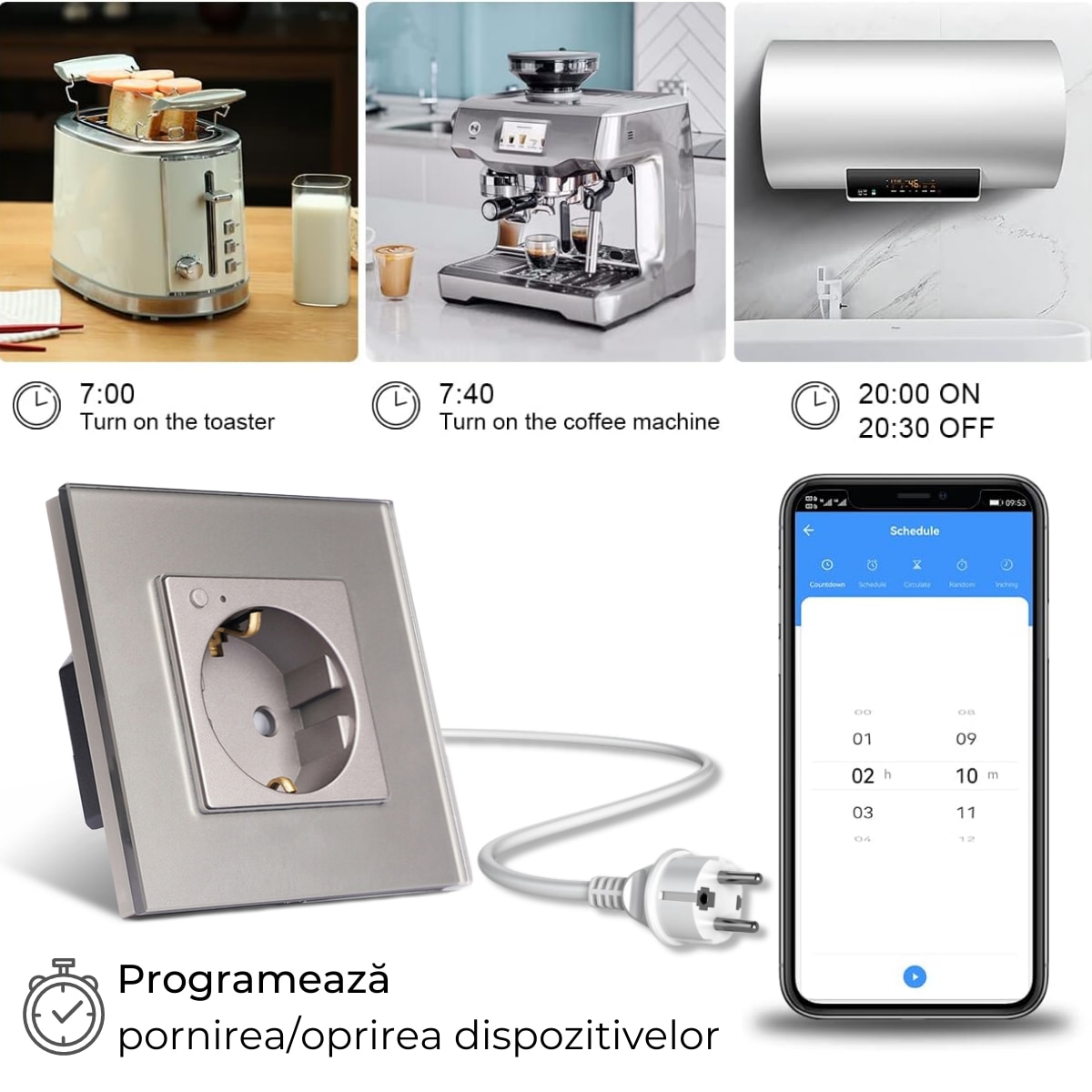 Priza inteligenta de perete, Wi-Fi, Rama din sticla, Monitorizare ...