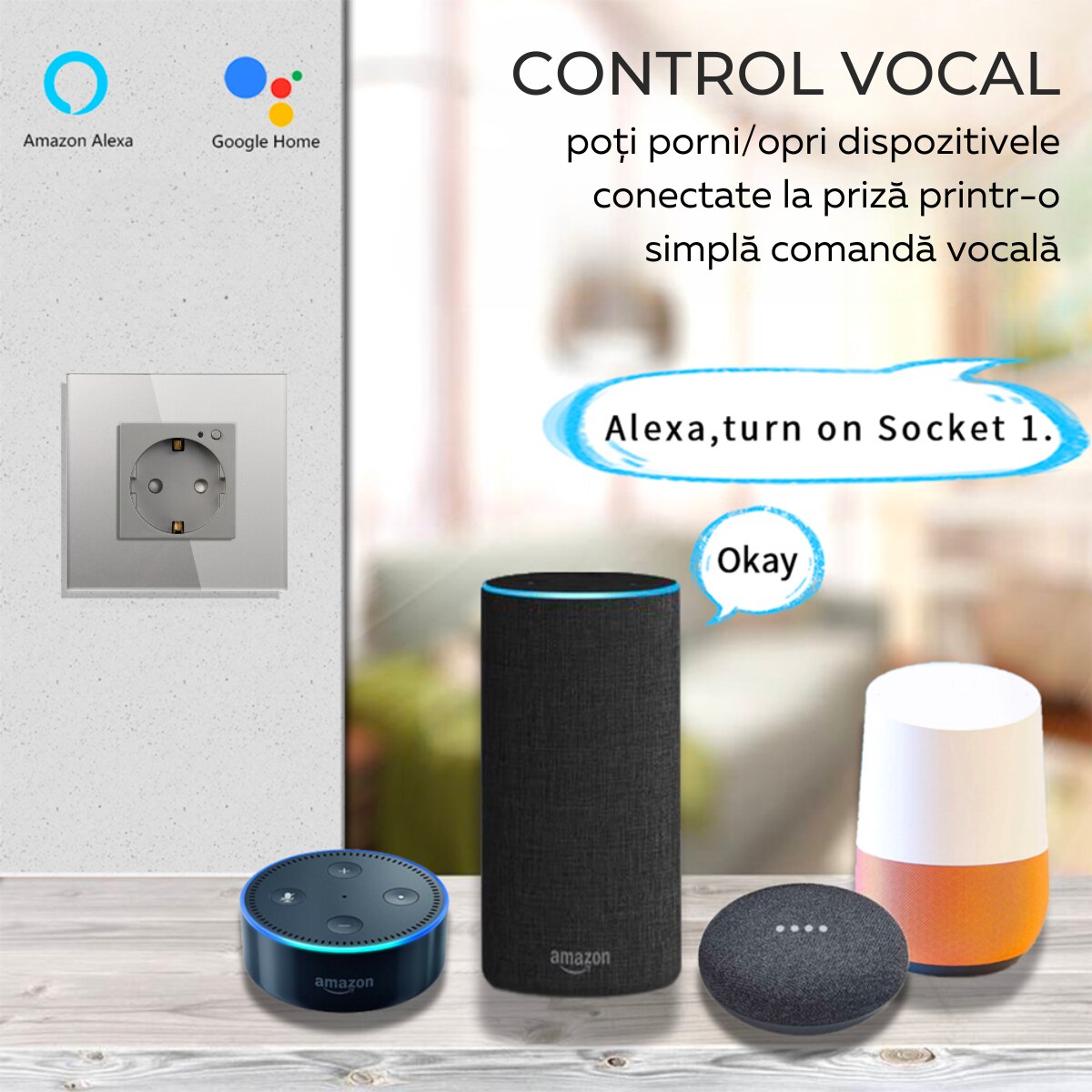 Priza inteligenta de perete, Wi-Fi, Rama din sticla, Monitorizare ...